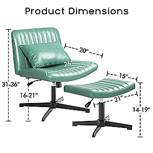 PUKAMI Armless Desk Chair No Wheels with Ottoman&Lumbar Support,PU Leather Padded Modern Swivel Home Office Chair,Height Adjustable Wide Seat Cross Legged Computer Task Chair for Living Room (Tiffany)
