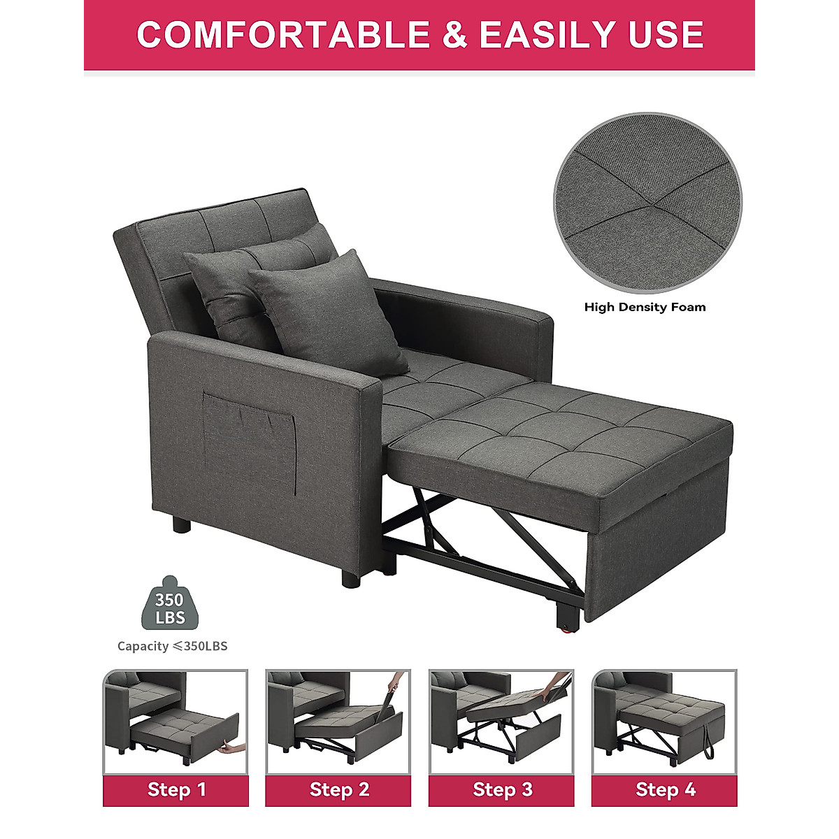 Litbird [UPDATED] Convertible Chair Sleeper Bed, Stepless Adjustable Backrest, Futon Chair Turns Into Bed, Sleeper Sofa for Living Room, 3 in 1, Linenette, Deep Gray