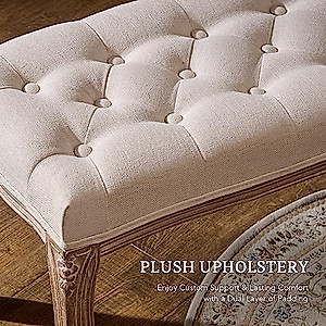 VONLUCE French Vintage Bench with Padded Seat & Rubberwood Legs, 44" Upholstered Entryway Bench & Dining Bench, Tufted Fabric End of Bed Bench for Bedroom Living Room Hallway More, Beige