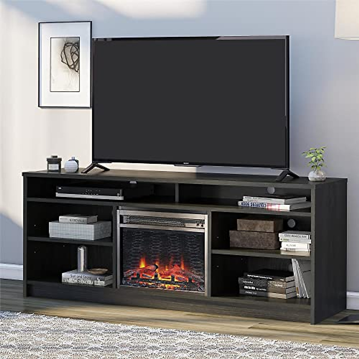 Ameriwood Home Hendrix 65" TV Stand with Electric Fireplace Insert and 6 Shelves, Black Oak