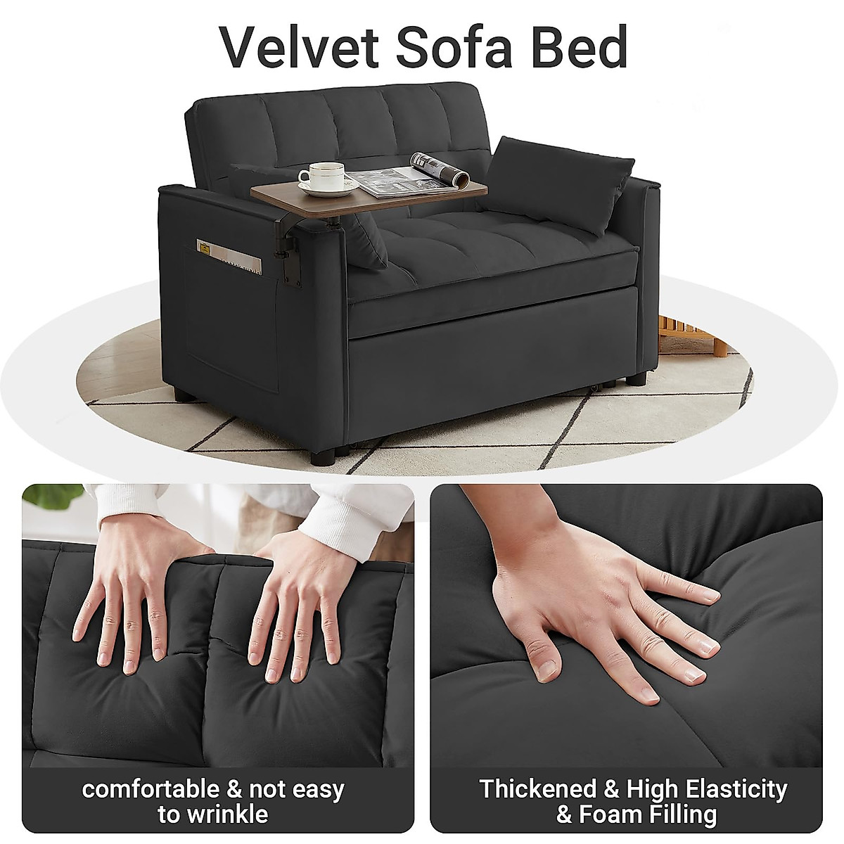 Rovibek 3 in 1 Convertible Sleeper Sofa Bed Loveseat Pull Out Couch Bed 55 Inch Velvet Futon Couch Lounge with Side Table, Reclining Backrest, Pillows, Pockets, Furniture for Living Room
