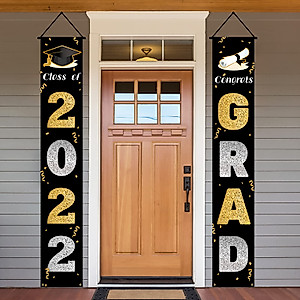 2022 Graduation Decorations Banner, Class of 2022, Congrats Grad Banner, Graduation Hanging Flag Porch Sign, Graduation Party Decorations Supplies for Indoor/Outdoor/Home/Door/Wall Decor (Black Gold)