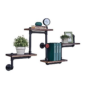 BOSURU Industrial Floating Pipe Wall Shelves Rustic Wood Shelving 4 Layer Ladder Hanging Bookshelf for Bedroom Office Decor