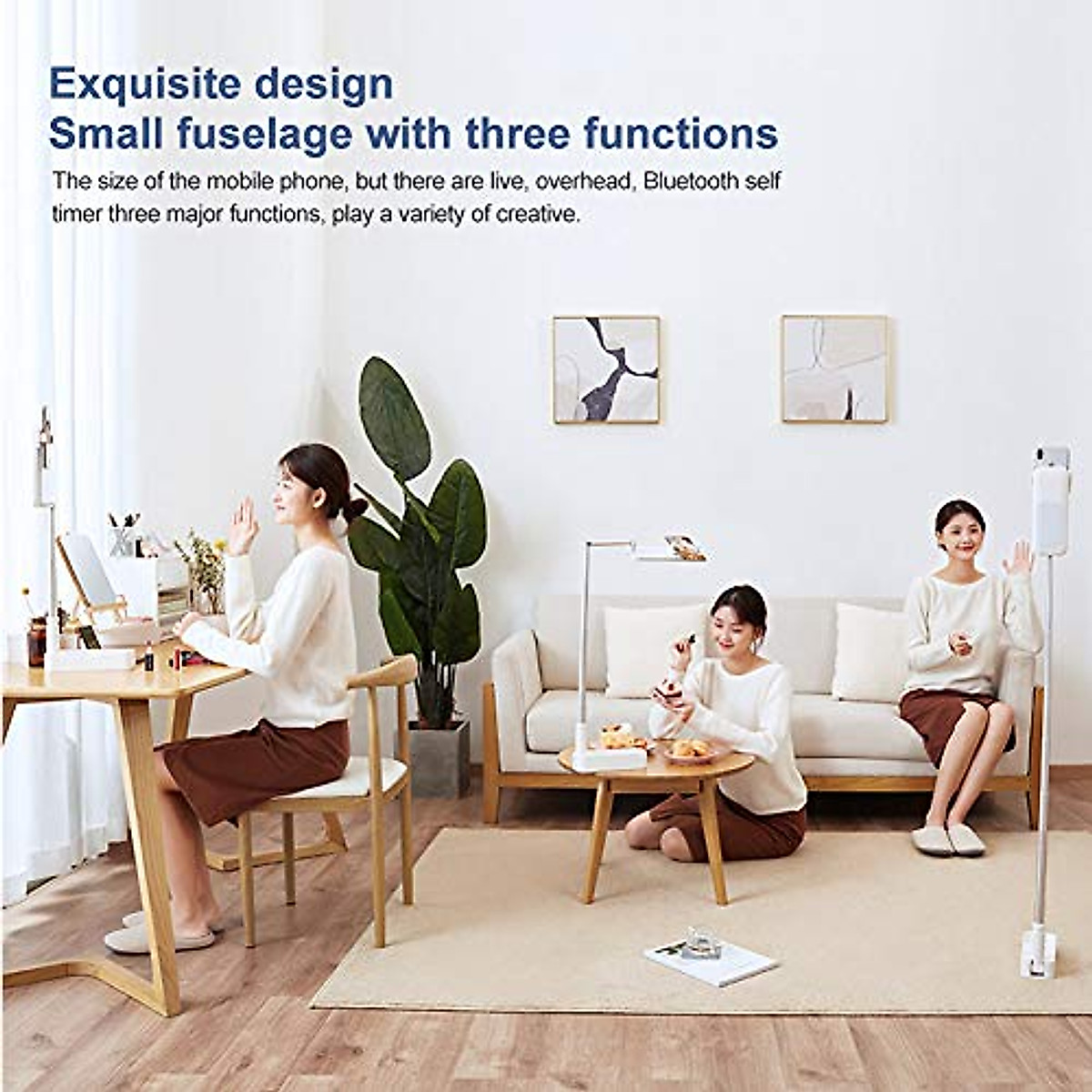 Bibabala Phone Stand for Video Recording Extendable Selfie Stand 360° Rotation with Phone Holder Foldable 7 Brightness LED Light for Live Streaming Photography Reading(White)