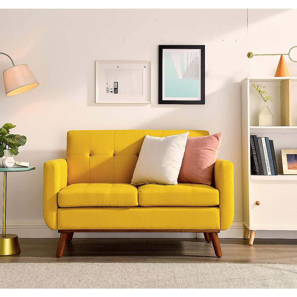ECLYL Double Sofa, Modern Decoration Living Room Love Seat Sofa Simple and Atmospheric, Button Plush Soft Cushion Love Seat Furniture, Easy to Install Bedroom Small Sofa (Yellow)