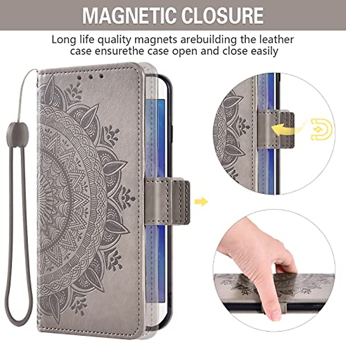 Asuwish Compatible with Oppo Reno 2 Wallet Case and Tempered Glass Screen Protector Credit Card Holder Flip Purse Accessories Wrist Strap Stand Folio Cell Phone Cover for Reno2 2019 Women Men Grey