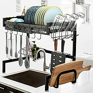 Fashionwu Over Sink Dish Drying Rack, Adjustable Multifunctional Dish Drainer for Kitchen Storage Countertop Organization, 25.6-35.5in