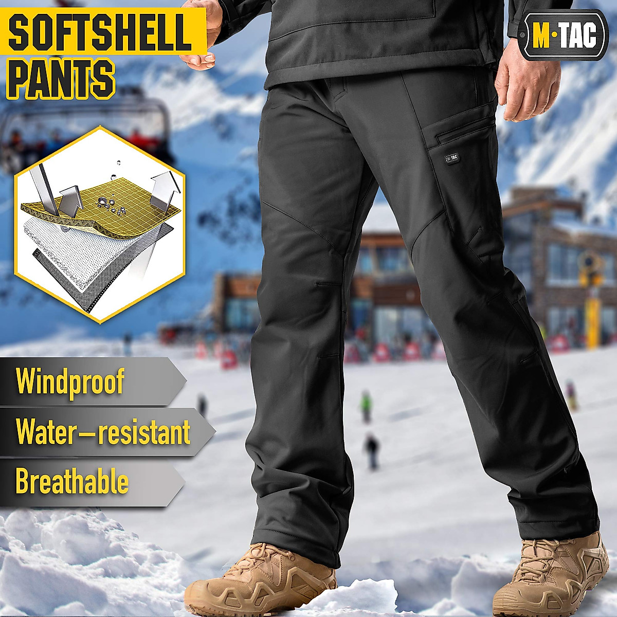 M-Tac Winter Tactical Pants for Men Softshell Insulated Fleece Lined Cargo Pants (Black, M)
