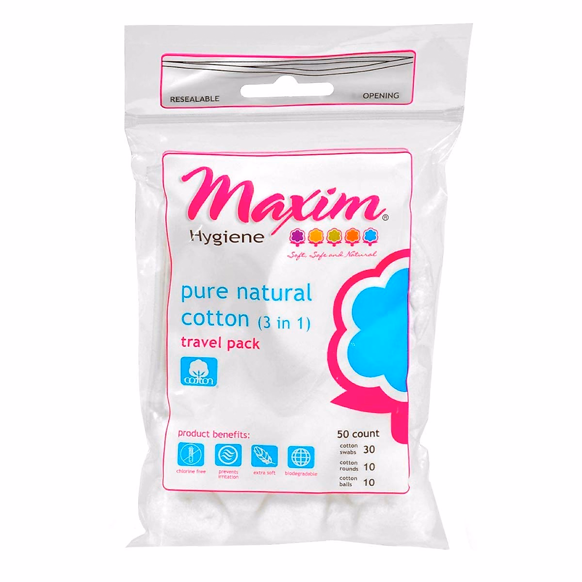 Maxim Natural Cotton Travel Pack, 400ct, Combo (3-in-1, Balls/Rounds/Swabs), No Chlorine/Dioxin, Biodegradable, Hypoallergenic, Gentle Touch, with Paper Stick Swabs, Combo Pack 1 Pack of 50