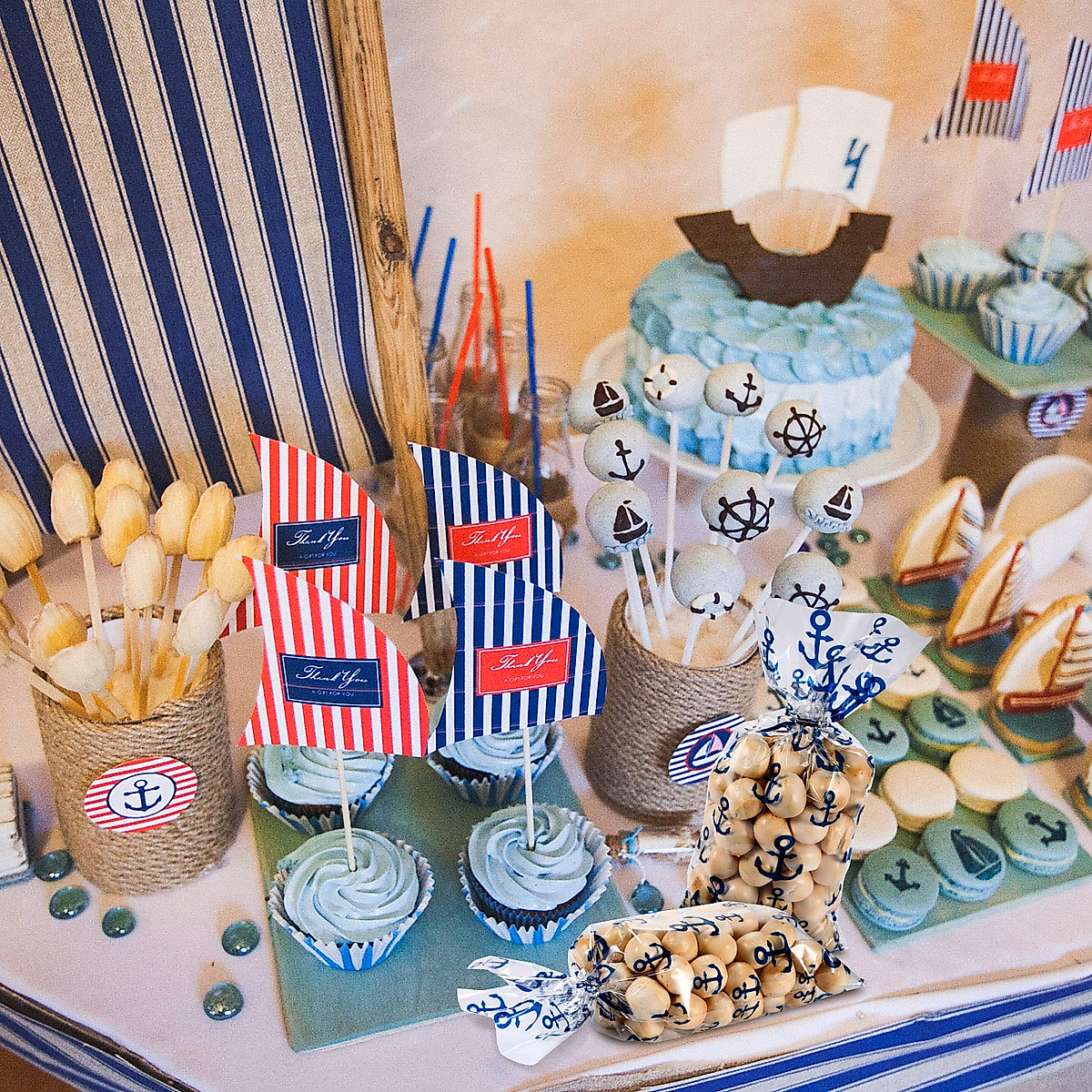 100 Pieces Nautical Anchors Party Bags Nautical Candy Cellophane Bags Heat Sealable Treat Bags with 100 Pieces Gift Twist Ties for Nautical Beach Decoration Themed Party(Blue, Red) (Blue)