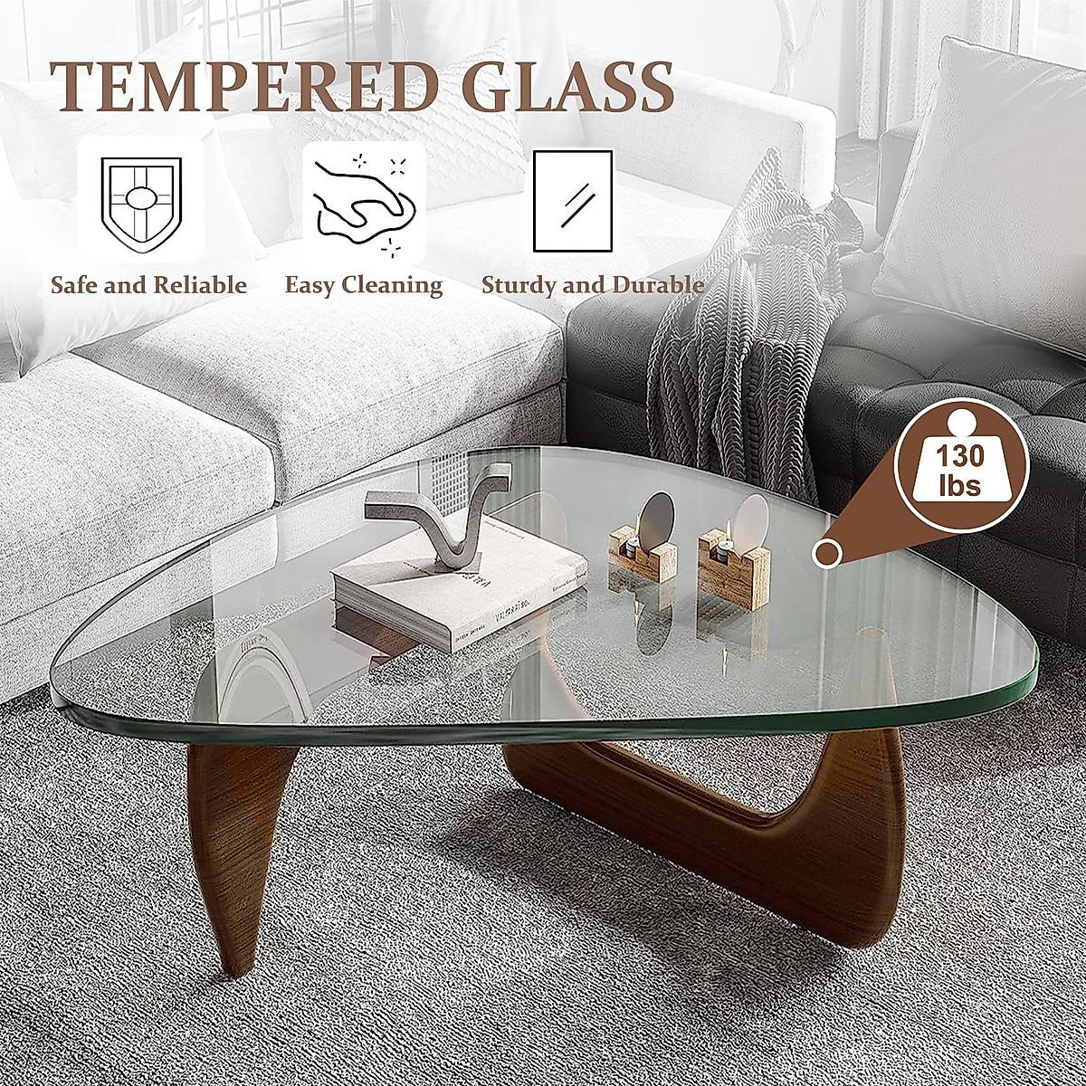 Mid-Century Modern Coffee Table - Triangle Glass Top Natural Wood Base Triangle Coffee Table for Living Room Patio Office Abstract End Tables (Walnut/Brown, Large 45 * 32.3 * 15.7)