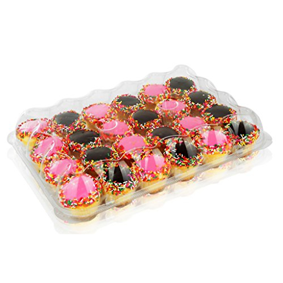 Decony 24 Compartment cupcake containers plastic disposable Cupcake Boxes muffin carrier - Great for high topping - 5 pc. - 24 slot each - Plus White standard size baking cups.