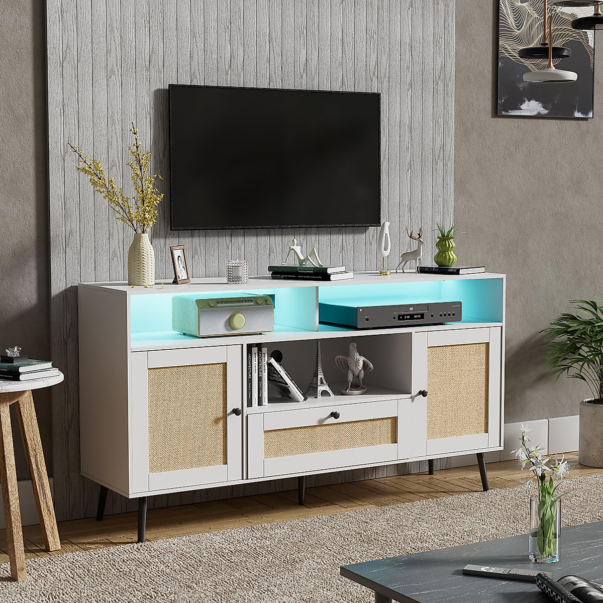 PAKASEPT TV Stand for TVs Up to 65 Inches, Entertainment Center Wood TV Stand with Sliding Doors & Shelves, TV Console Table Media Cabinet with Storage for Living Room Bedroom