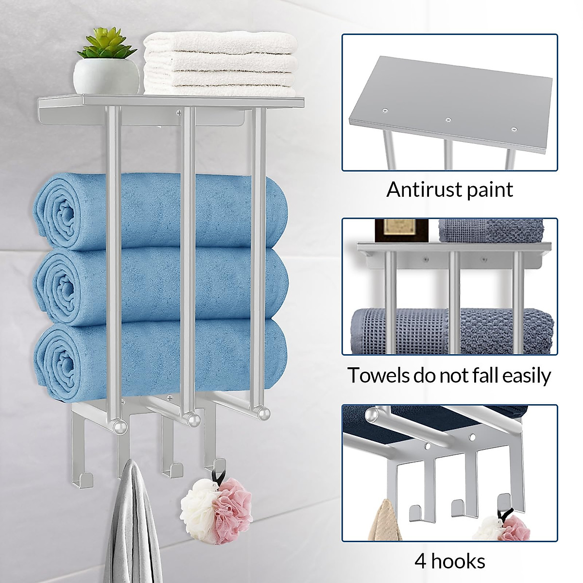 Bathroom Towel Rack with 4 Hooks - Wall Mount Towel Holder for Bathroom with Metal Shelf, Ideal Bathroom Storage Organizer and Decor（Grey）