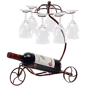 MyGift Vintage Bronze Metal Tabletop Wine Bottle Holder and Wine Glass Rack with Perisian Tricycle Design, Holds Single Bottle and 6 Stemware