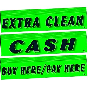 Versa Tags Windshield Slogan Stickers 12 Pack of Extra Clean Stickers 12 Pack of Cash Slogans 12 Pack of Buy HERE Pay HERE Window Stickers (36) Dealership Stickers Black On Green