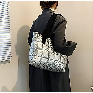 Women Light Weight Puffer Quilted Tote Winter Handbag Shoulder Bag (Silver)