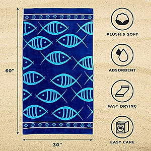 Great Bay Home Large Beach Towel Set of 2 - Blue Fish and Striped Beach Towels for Adults and Velour Pool Towels 100% Cotton - Lightweight Quick Dry Beach Towel Pack - Beach Towel for Travel