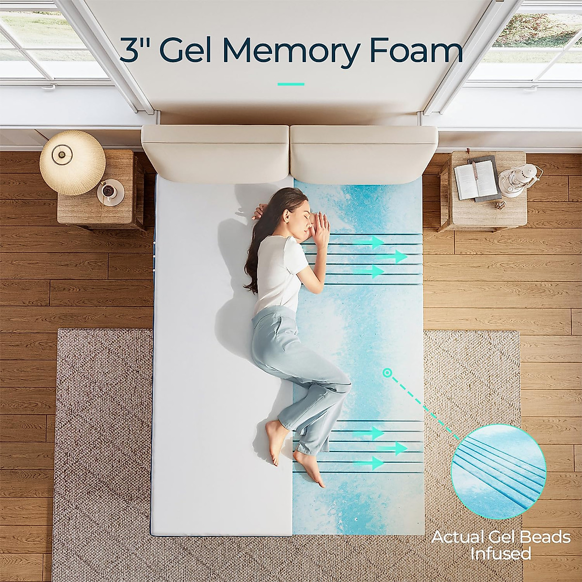 LINSY LIVING Cooling Mattress Topper Twin, 3 Inch Gel Memory Foam Mattress Topper, Cooling Fabric with 16" Deep Pocket and Side Pocket, Soft Bed Topper for Twin Size Bed, CertiPUR-US & Oeko Certified