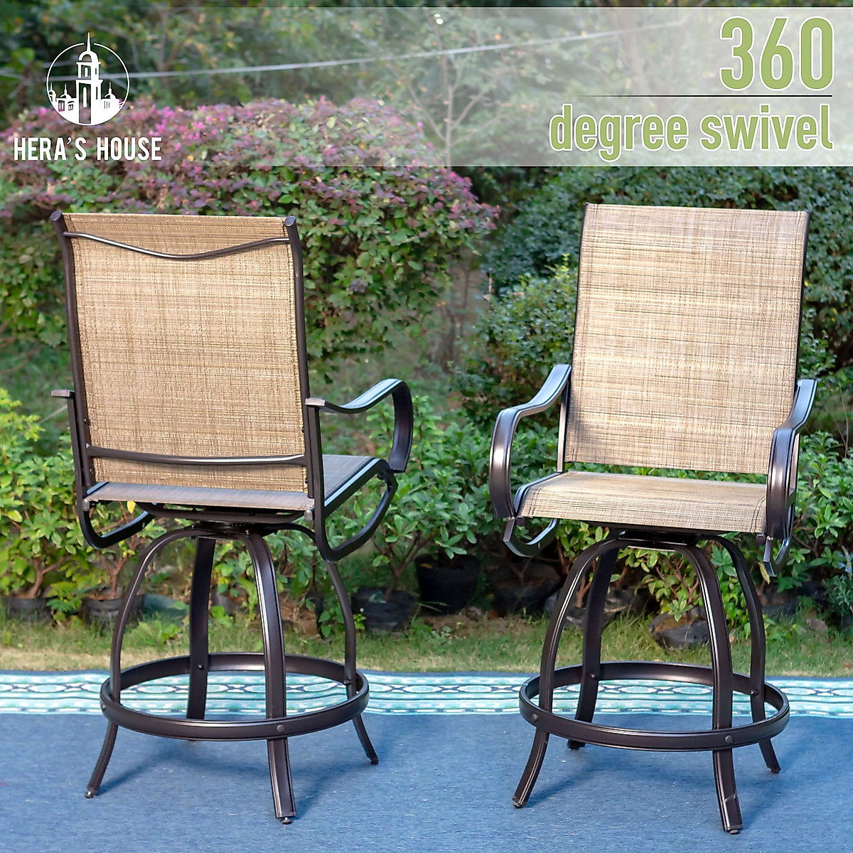 HERA'S HOUSE Outdoor Swivel Bar Stools, Counter Bar Height Patio Bar Stool Chairs with Solid Back & Armrest, All Weather Textilene Sling Fabric Chair for Deck Lawn Garden