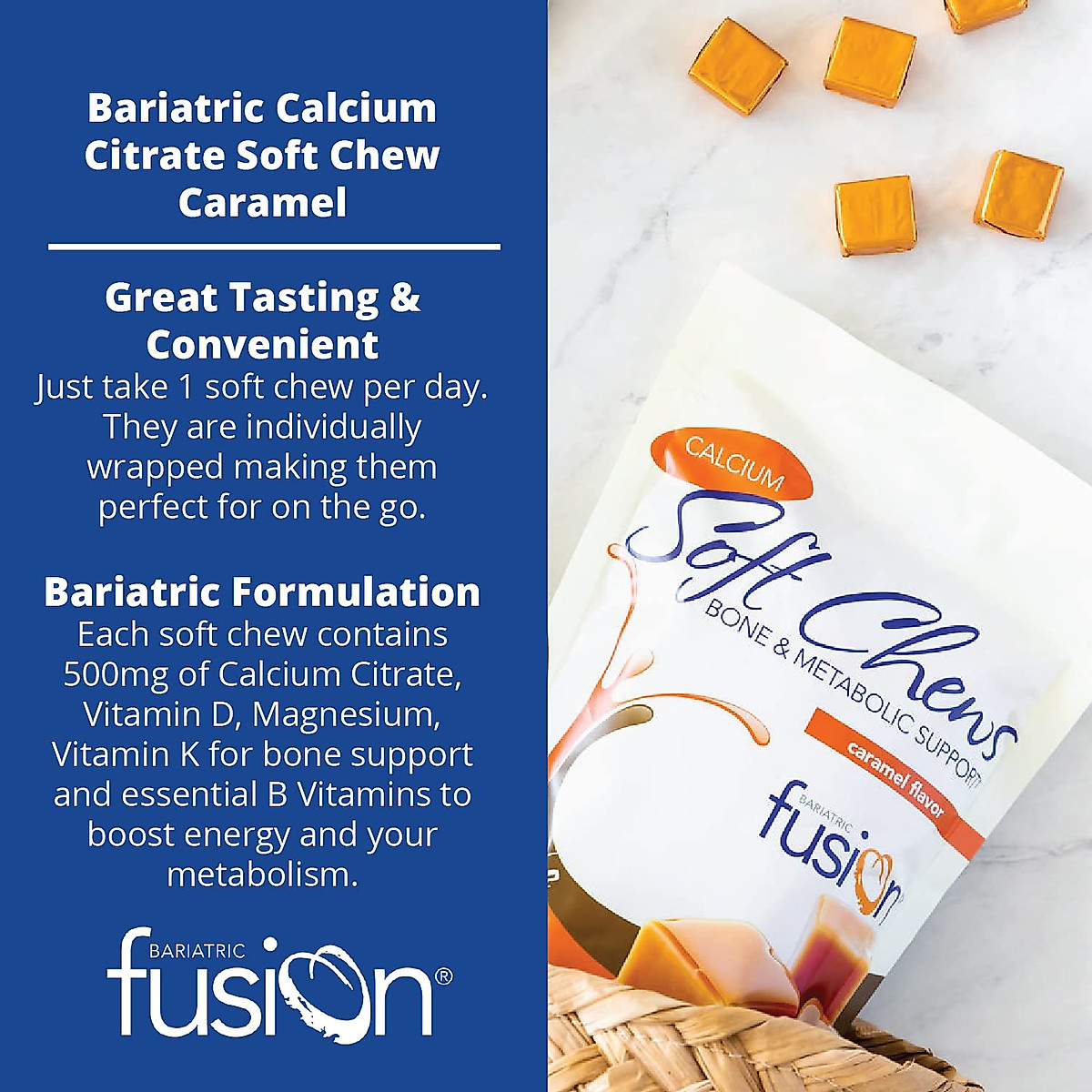 Bariatric Fusion Bariatric Calcium Chews | Caramel | Calcium Citrate with Vitamin D3 & Energy Soft Chews Bariatric Vitamin | Sugar Free Calcium Citrate Chewable | Calcium Citrate 500mg | 60 Count