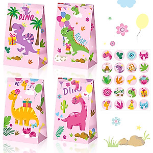 24 Pieces Dinosaur Party Bags Dino Candy Favor Bags with Stickers Pink Goodie Treat Gift Bags for Kids Girls Dinosaur Birthday Party Supplies Decorations