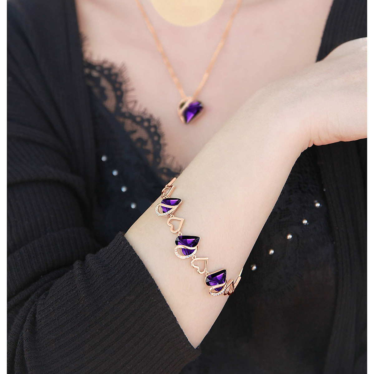 Leafael 18K Rose Gold Plated Love Heart Link Bracelet with Dark Amethyst Pink Healing Stone Crystal for Creativity, Jewelry Gifts for Women, 7" Chain + 2" Extender