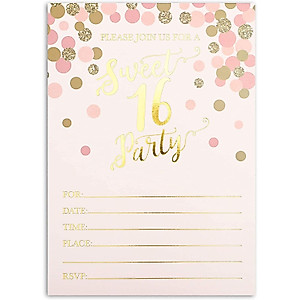 Sparkle and Bash 36-Pack Sweet 16 Birthday Party Invitations With Envelopes for RSVP Party (Pink & Gold, 7 x 5 In)
