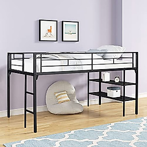 Neylory Low Loft Bed Twin with Storage Shelves, Metal Loft Beds for Kids with Ladders and Guard Rails, Space Saving Black Twin Size Loft Bed for Girls Junior Children