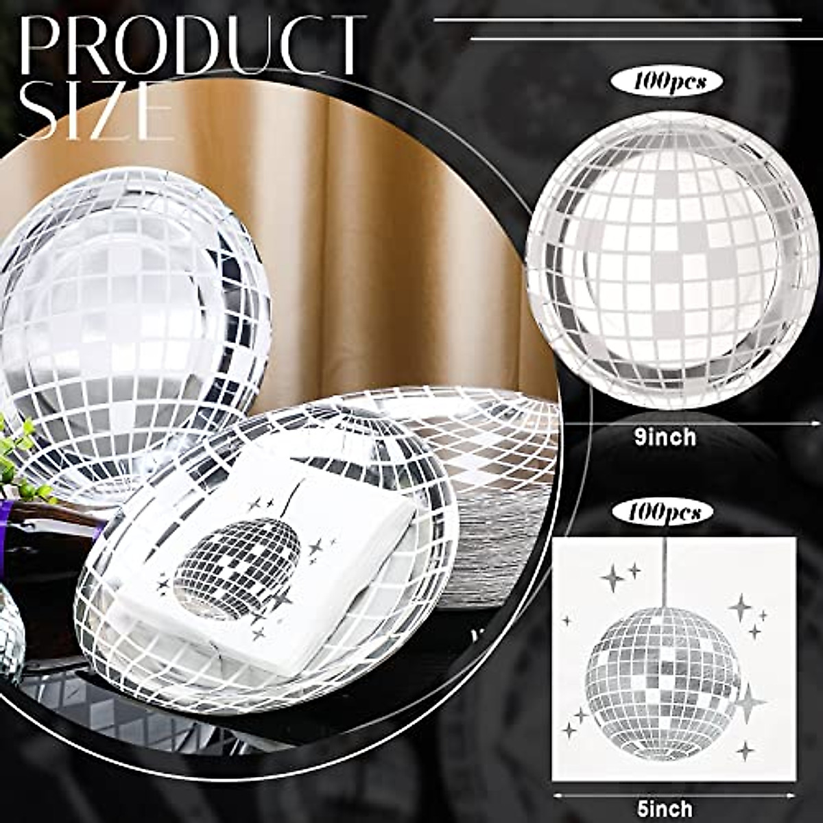 200 Pcs 70s Disco Party Supplies Includes Disco Ball Paper Plates and Disco Cocktail Napkins Silver Disco Paper Plates Disco Napkins for 80s 90s Disco Bachelorette Birthday Party Picnic (White)