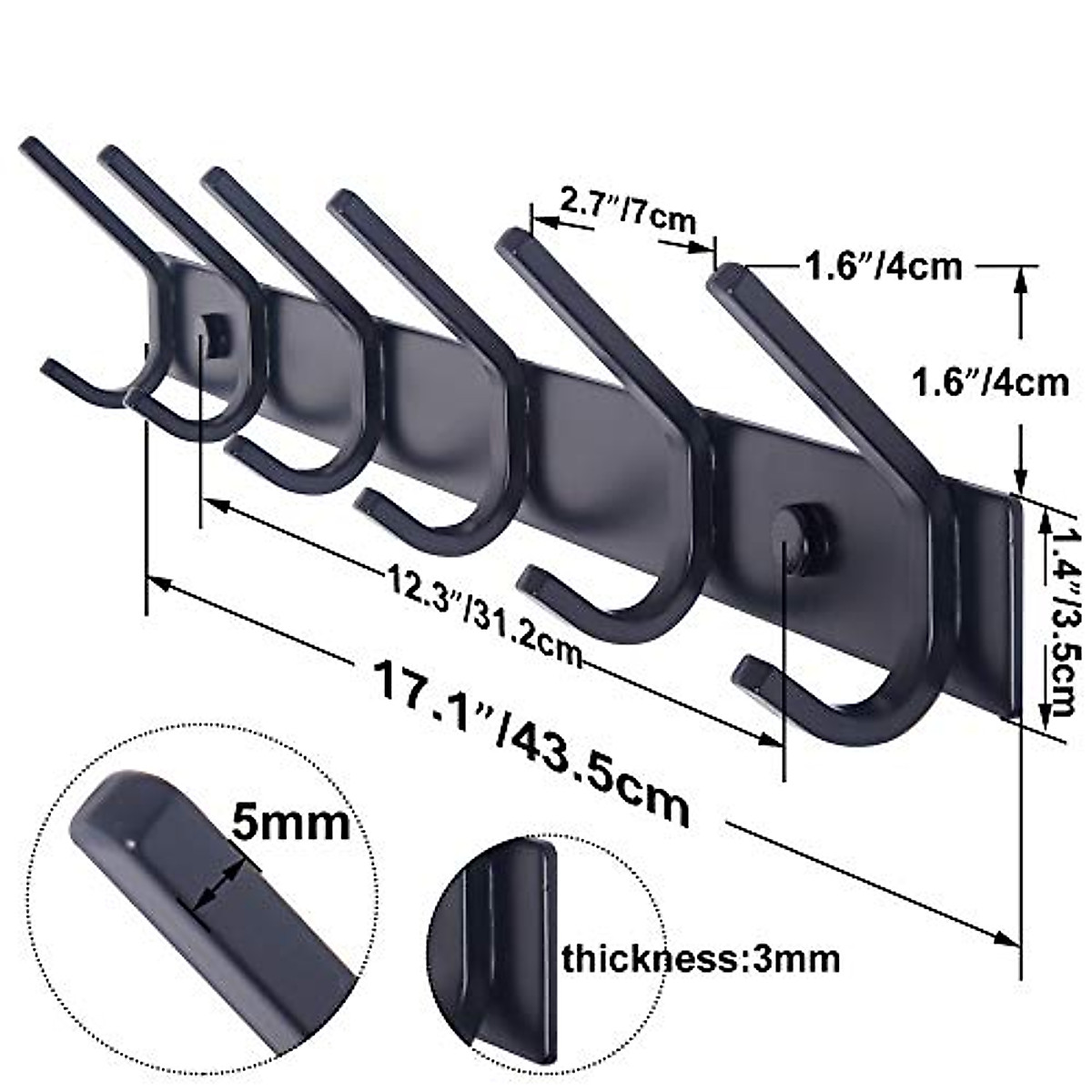 WEBI Coat Rack Wall Mounted,17-1/8 Inch Coat Hooks for Hanging Coats,Heavy Duty Metal Hook Rack Rail with 6 Double Dual Hooks Coat Hanger Wall Mount for Purse Clothes Jacket Backpack Entryway,Black