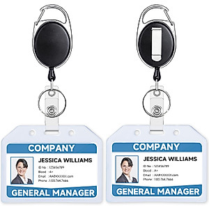 Teskyer 2 Pack Heavy Duty Retractable Badge Holders with Carabiner Reel Clip and Extra Thick Clear Name Tag ID Card Holders, Horizontal
