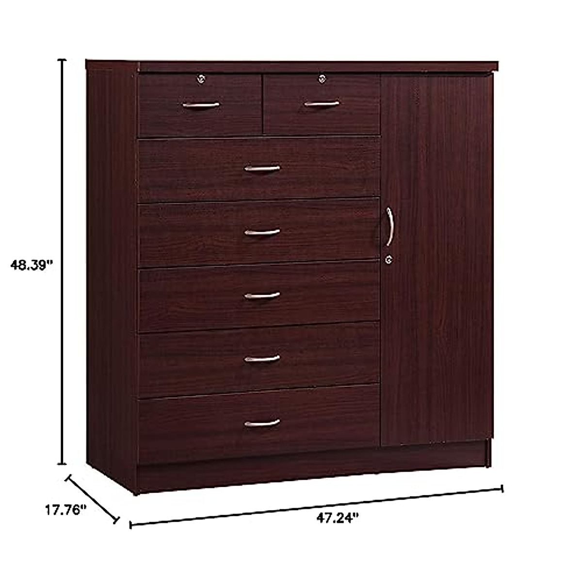 Hodedah 7 Drawer Jumbo Chest, Five Large & Two Smaller Drawers with Two Lock, Hanging Rod, and Three Shelves | Mahogany, 17.76" D X 47.24" W X 48.39" H