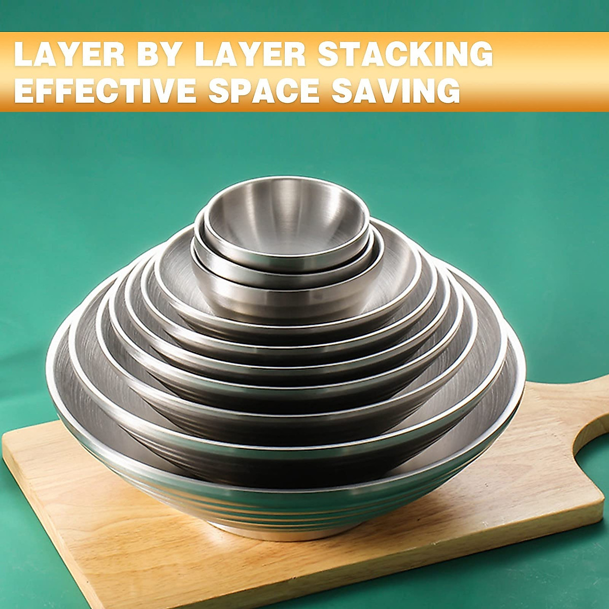 Cakina Placement Mats for Dining Table Round Ramen Bowls Stainless Steel Serving Bowls Insulated Bowls for Ramen Metal Bowls Double Walled Soup Bowl Dinner Table Set for 6 (A, A)