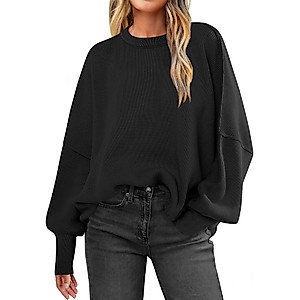ANRABESS Women Crewneck Batwing Long Sleeve 2024 Fall Oversized Side Slit Ribbed Knit Pullover Sweaters Top Cozy Outfits Black Large