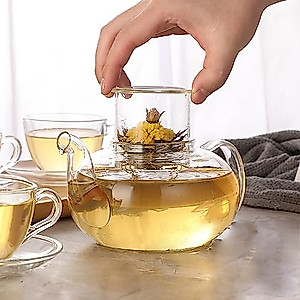 Glass Teapot Set, 40OZ/1200ml Stovetop Safe Glass Tea Kettle with Removable Infuser & Tea Warmer, Tea Cups and Saucers Set of 4, Blooming Tea & Loose Leaf Tea Maker Set for Women
