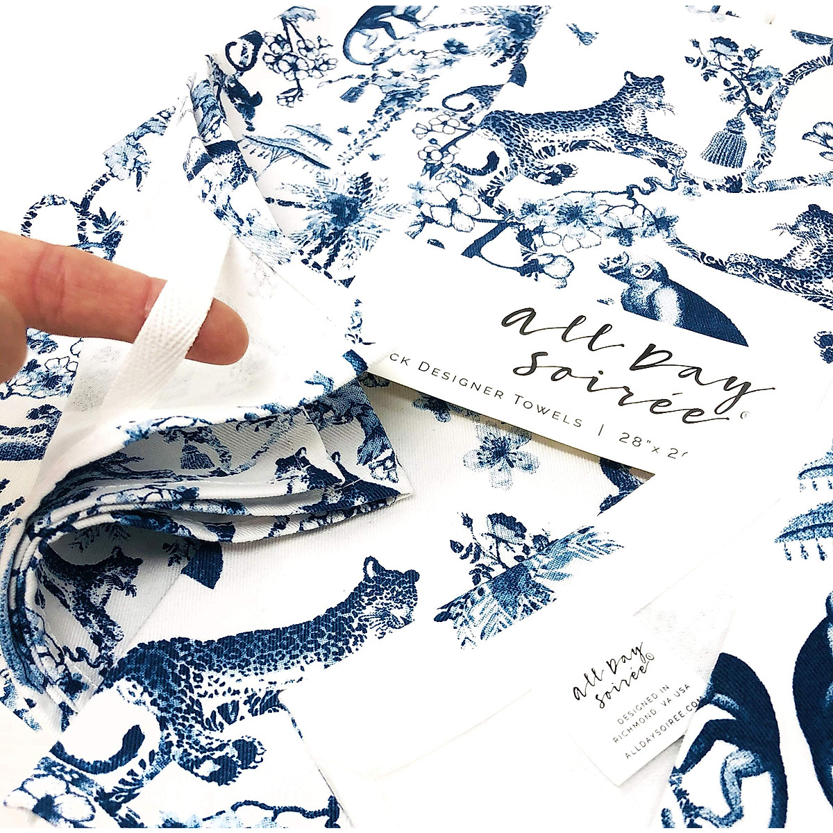 All Day Soirée Chinoiserie Designer Kitchen Tea Towels 3 Pack 100% Absorbent Cotton Tiger Monkey Floral Hand Towel Large Dish Cloth Set Blue White