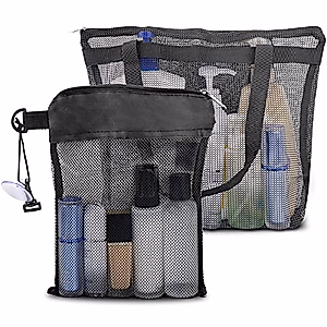 Yotako 2 Pcs Mesh Shower Caddy, Portable Shower Mesh Caddy Bag Quick Dry Shower Bag Mesh Hanging Shower Tote Bag with Zipper (Black)