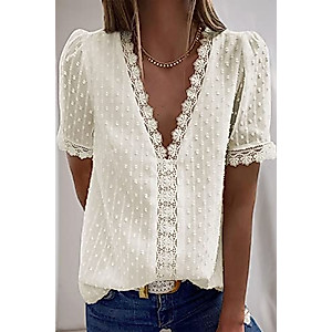 Dokotoo Womens Ladies Summer Fall Sexy Lace Crochet V Neck Short Sleeve Pom Pom Boho Shirts 2024 Spring Casual Loose Solid Chiffon Blouses for Women Tops Apricot XL