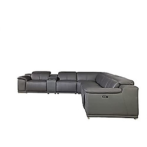 Blackjack Furniture Venice 7 Piece Italian Leather Sectional Sofa with 3-Power Recliners, Adjustable Headrest, Lumbar Support, USB and Wireless Charging Station, Extra Large Storage, 1 Console, Gray