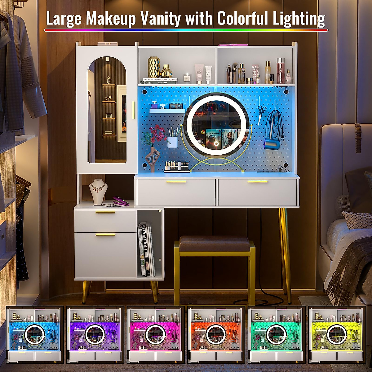 armocity 48'' Makeup Vanity with Hutch, White Bedroom Vanity with Charging Station and LED, Tall Vanity Table with Pegboard, Mirror, 5 Big Drawers & Shelves, Cabinet, Bedroom Dressing Tables, White