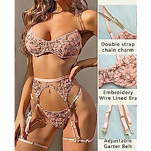 Avidlove Lingerie Set for Women Sexy 4 Piece Garter Lingerie Lace Underwire (Pink, M)