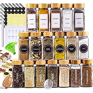 Glass Spice Jars with Label Set, Bamboo Lids & Funnel - Kitchen Airtight Storage Jars with Lids - Spices and Seasonings Sets Organizer, Spice Glass Jar with Lid Food Canister Bottle Sugar Shaker