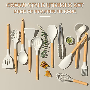 Umite Chef Kitchen Cooking Utensils Set, 33 pcs Non-stick Silicone Cooking Kitchen Utensils Spatula Set with Holder, Wooden Handle Silicone Kitchen Gadgets Utensil Set (Cream White)