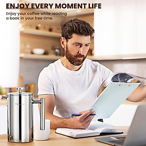 Velaze French Press Coffee Maker 34oz, Double Wall Insulated French Coffee Press Stainless Steel, 1L Coffee Maker Included 4 Extra Fliters and 1 Coffee Spoon