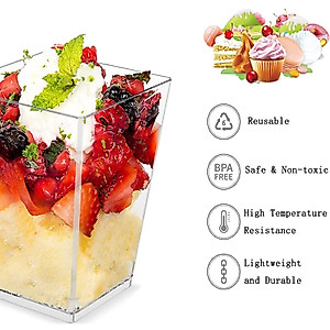 WAIZHIUA 50Pcs Plastic Dessert Cups, 5.4OZ Mini Square Dessert Cups Clear Parfait Appetizer Cup Reusable Multiuse for Desserts Pudding Mousse Christmas Party Supplies(with 50Pcs Spoons)