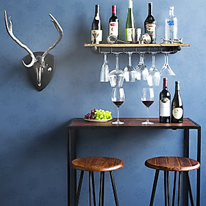 Rustic State Wall Mounted Reclaimed Wood Floating Wine Bottle Rack with Glassware Holder Stemware Shelf Storage Organizer - Home, Kitchen, Dining Room Bar Décor - Walnut