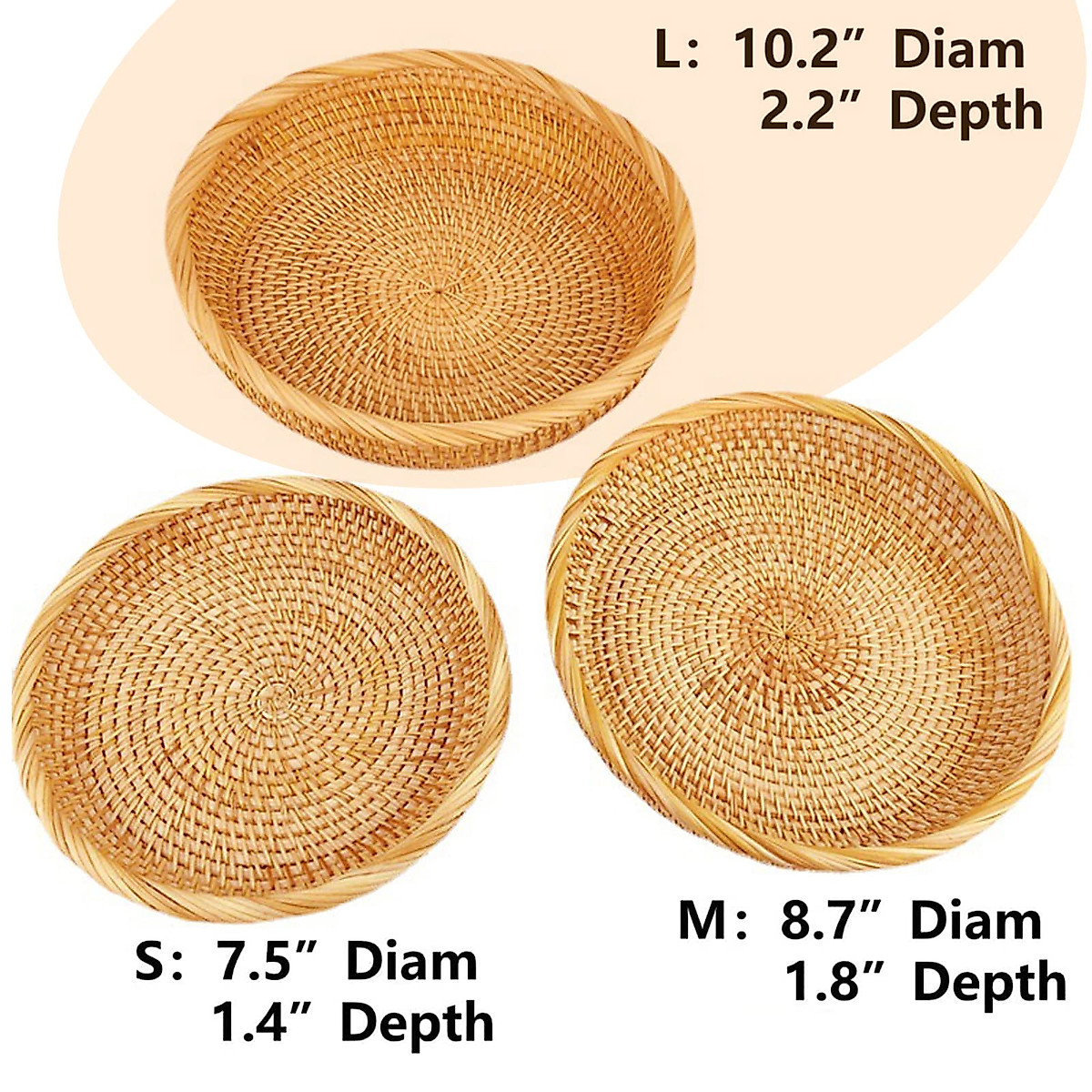 I-lan 10 Inch Round Bread baskets with 2" Wall, Rattan Fruit Basket with Rolled Edge, Decorative Natural Basket Wicker Bowl for Nuts, Candy Catch All Dish, Storage, Coffee Table, Brown, L