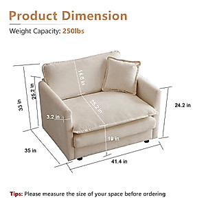 mikibama 41.4" W Single Seat Sofa, Chenille Comfy Deep Upholstered Couch Armchair with Toss Pillow for Living Room Bedroom Office Apartment, Light Coffee