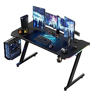 Kemon Gaming Desk with LED Lights, Z Shaped PC Gaming Table Computer Desk Ergonomic Home Office Desks, Carbon Fibre Surface Gamer Workstation with Mouse Pad, Cup Holder and Headphone Hook (63 inch)